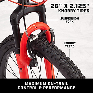 Mongoose Status 2.2 Mountain Bike for Men and Women, 26-Inch Wheels, 21-Speed Shifters, Aluminum Frame, Front Suspension, Black/Red