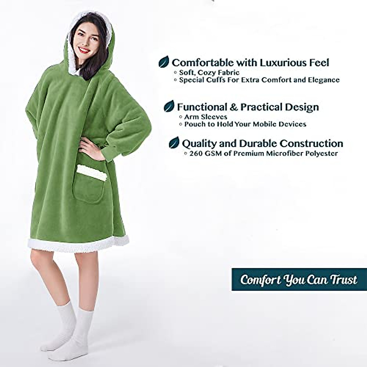 SONORO KATE Wearable Blanket Hoodie Gifts for Women Men Kids - Super Warm Fleece Sherpa Blanket Jacket with Elastic Sleeve,Big Pocket and Giant Hood (Green, Adult)