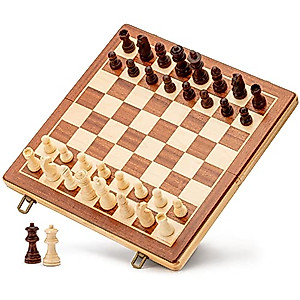 A&A 15 inch Foldable Wooden Magnetic Chess Set w/ 3 inch King Height Staunton Chess Pieces - Pine Box w/Mahogany & Maple Inlay