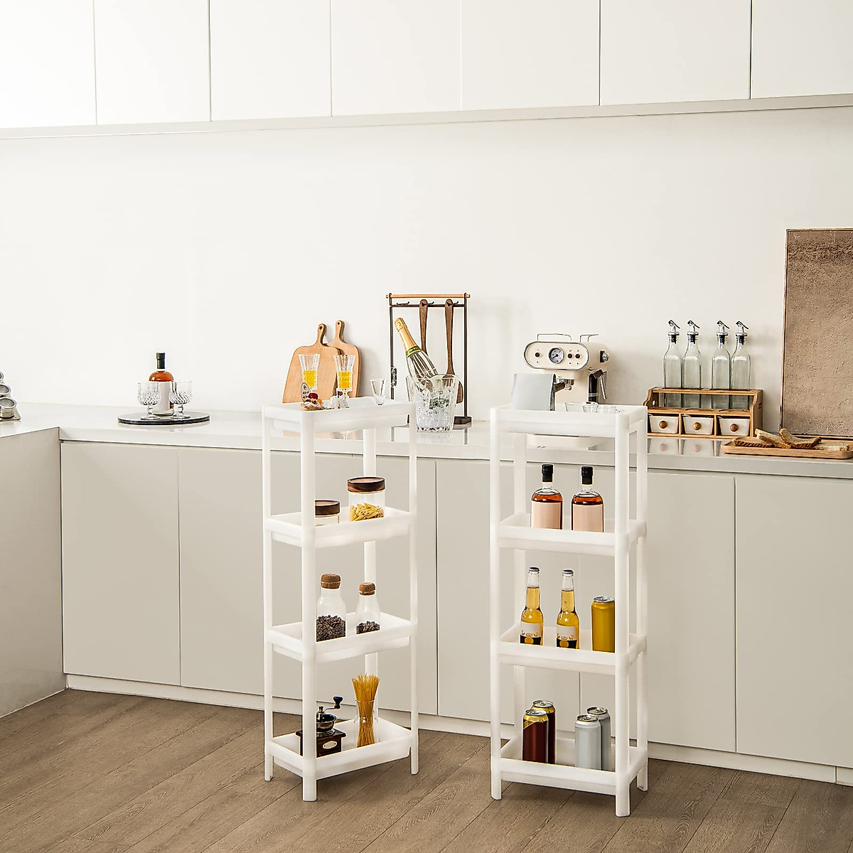 S AFSTAR 4 Tier Plastic Storage Shelf Rack Set of 2, 39-Inch Tall Floor Storage Shelving with Drainage Holes, Plastic Narrow Shelves for Small Space, Multipurpose Shelving Unit for Bathroom Laundry