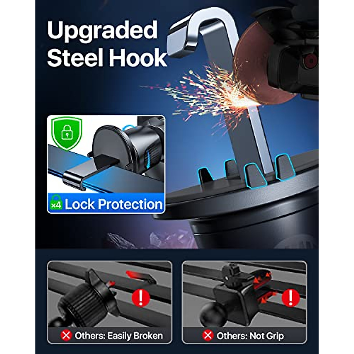 【Military-Grade】Car Phone Holder,【Strongest & Longest Steel-Hook】Car VentMount, Handsfree360° Adjustable AutomobileCradle AirClip Stand for iPhone 15 14 13 12 Pro Max Samsung Universal, Dark Blue