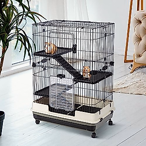 HomSof 4-Tier 32" Small Animal Metal Cage Height Adjustable with Lockable Casters Grilles Pull-Out Tray for Rabbit Chinchilla Ferret Bunny Guinea Pig Squirrel Hedgehog(Grey)