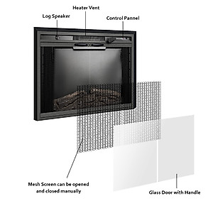 Benrocks 30” Electric Fireplace Inserts with Glass Door and Mesh Screen, Multicolor Flames & Fire Crackling Sounds, Timer, Overheating Protection Fireplace Heater, 750/1500W