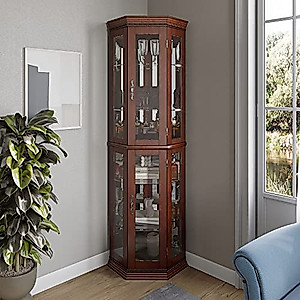 BELLEZE Lighted Wooden Corner Display Curio Cabinet, Two Section Shelving Unit with Tempered Glass Door, Bar and Liquor Storage Area with 6 Shelves - Lorona (Walnut)