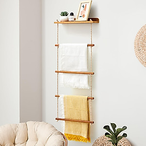 Briwooody 5 Layer Farmhouse Wooden Blanket Ladder 2 in 1 Towel Racks Decorative Rustic Wall Wood Shelf Blanket Holder Quilt Towel Holder Rack for Bathroom Living Room Bedroom(Natural Color)