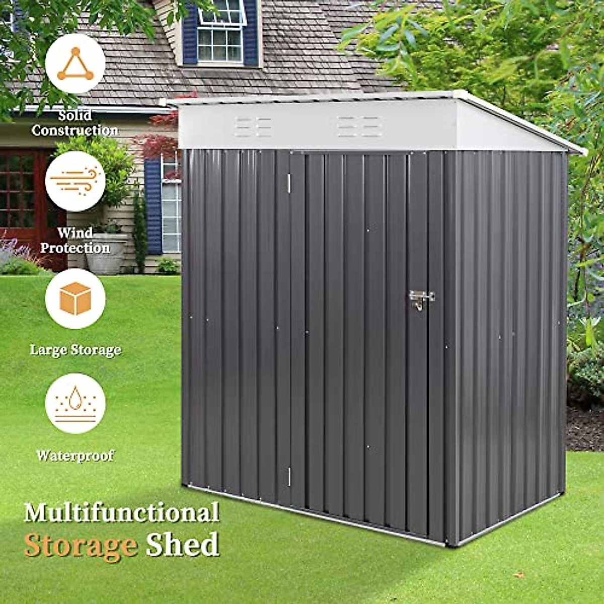 Vongrasig 5 x 3 x 6 FT Outdoor Storage Shed Clearance with Lockable Door Metal Garden Shed Steel Anti-Corrosion Storage House Waterproof Tool Shed for Backyard Patio, Lawn and Garden (Dark Gray)