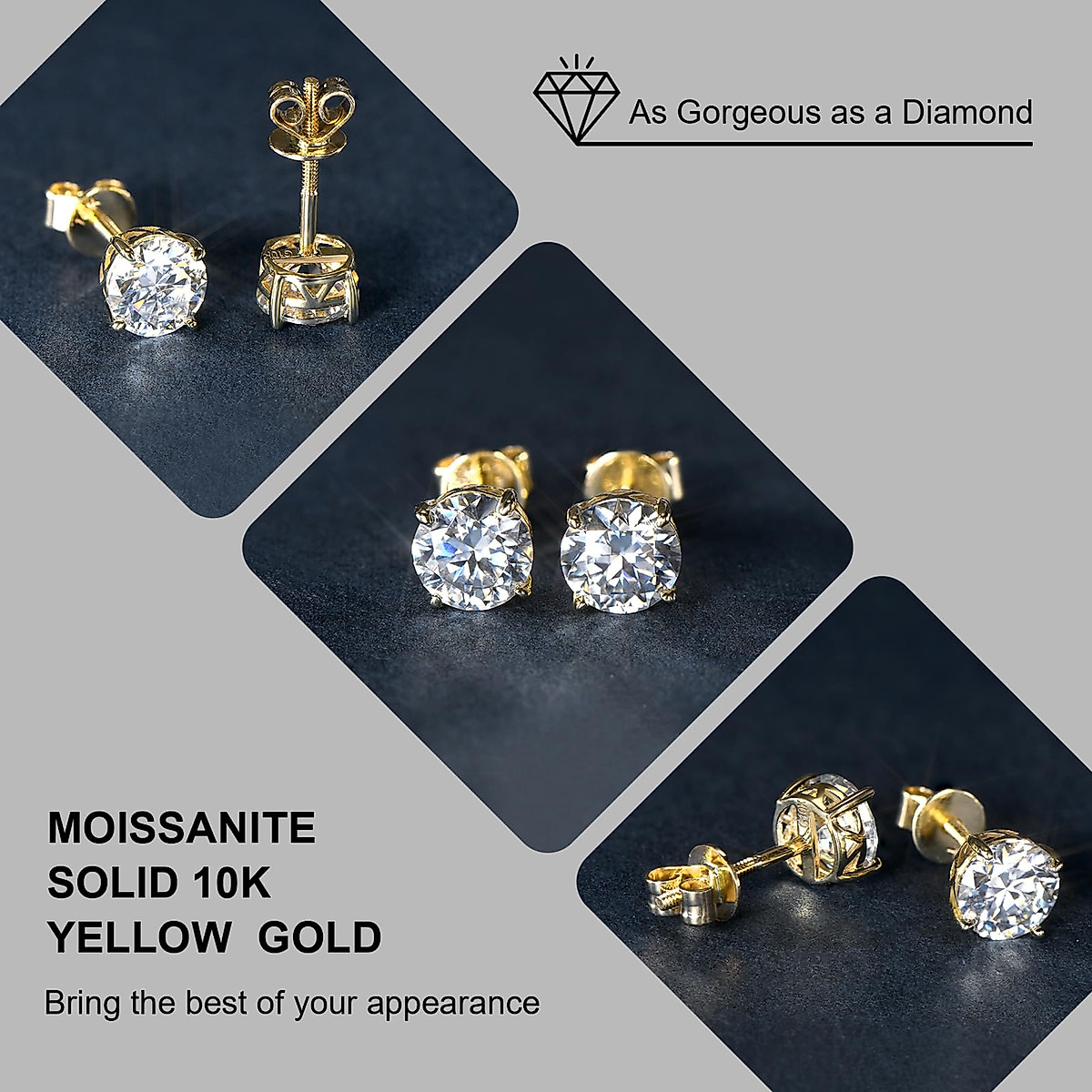 RAPRGOLD Moissanite Stud Earrings Lab Created 10K Real Yellow Gold Earrings Jewelry Gifts for Women Men, Solitaire Round Cut Moissanite Studs for Men Solid Gold in Secure Screw Back 1.60cttw 6mm