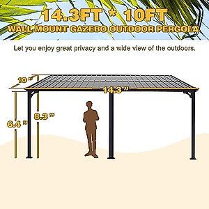 VEIKOU 14' x 10' Wall Mounted Gazebo Hardtop, Gazebos on Clearance with Aluminum Frame, Wall Pergola w/Heavy-Duty Galvanized Roof & Drain System, Black