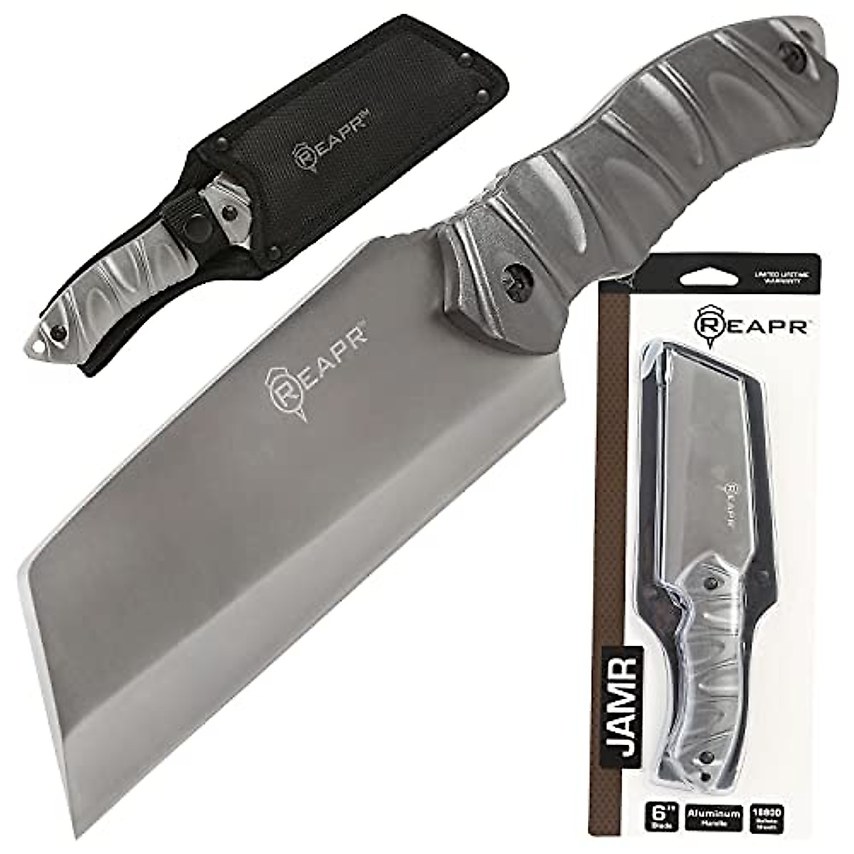 Reapr 11012 JAMR Knife with Sheath, 11-Inch Overall Length, Cleaver Knife, Tactical Fixed Blade Knife with Tanto Blade, Drop Point Knife, Stainless Steel Knife, Silver