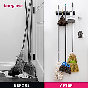 Berry Ave Broom Holder & Wall Mount Garden Tool Organizer- Kitchen, Closet, Garage & Laundry Room Storage w/ 5 Slots And 6 Hooks- Wall Holder For Broom, Rake & Mop Handles Up To 1.25” [Black, 4 Pack]