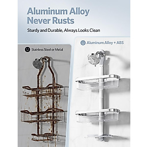 LAMU Adjustable-Shower-Caddy-Hanging, Rust Proof Shower Hanging Organizer, 3-Tier Aluminum Alloy + ABS, Large Capacity Shower Caddy Over-the-Showerhead with Hooks, Razor Holder, Soap Dish, Silver