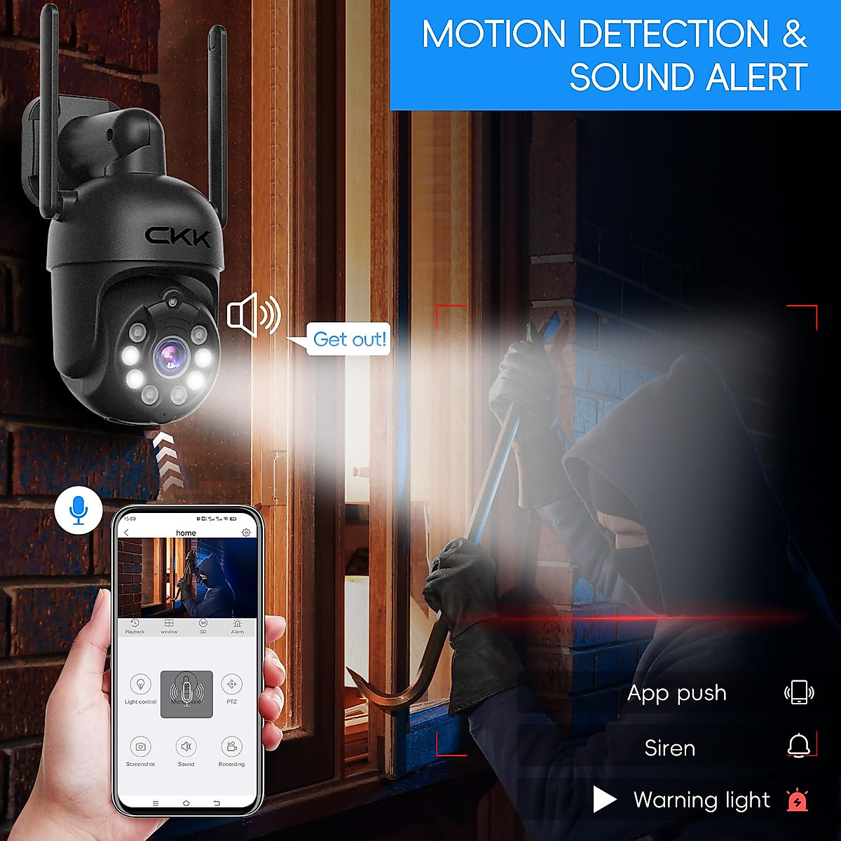 [10CH, Upgrading 5MP] CKK Wireless Security Camera System with 1TB HDD, 4pcs PTZ Cameras Outdoor Indoor, 3K WiFi Surveillance NVR System with Floodlights & Siren Alarm, 2 Way Audio, Waterproof