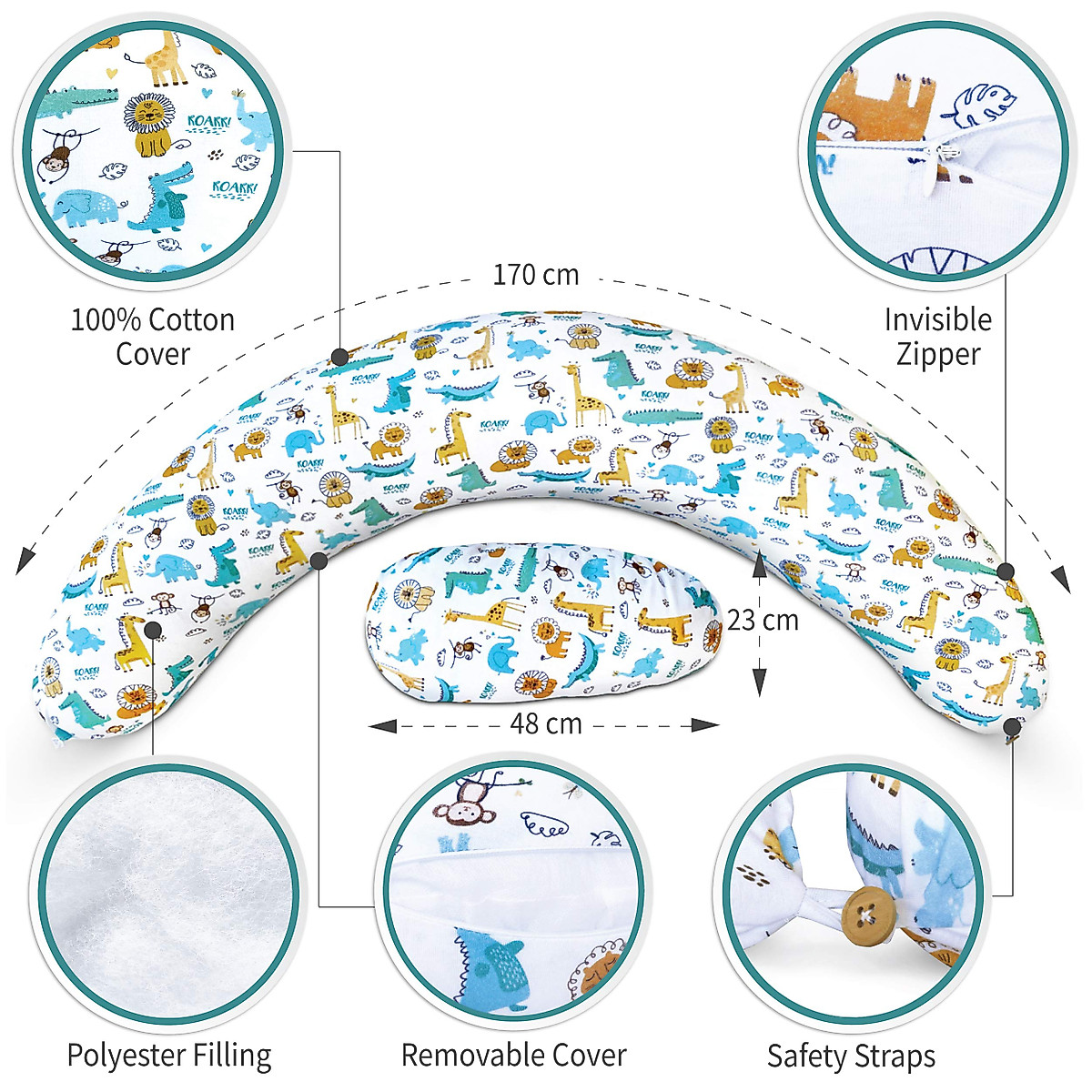 Bamibi® Pregnancy Pillow - Full Body Support Maternity Pillow for Sleeping – Providing Support for Adults and Pregnant Women Back, Hips, Legs & Belly - Removable 100% Cotton Cover (Animals)