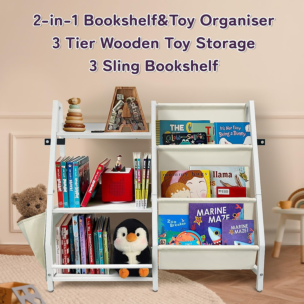 LAKEEN 3 Tier Kids Bookshelf and Toy Storage,Baby Toddler Bookshelf, Kids Bookcase, Toy Storage Organizer with Bookshelf,Montessori Bookshelf for Kids Rooms, Playroom, Nursery, Bedroom(White)