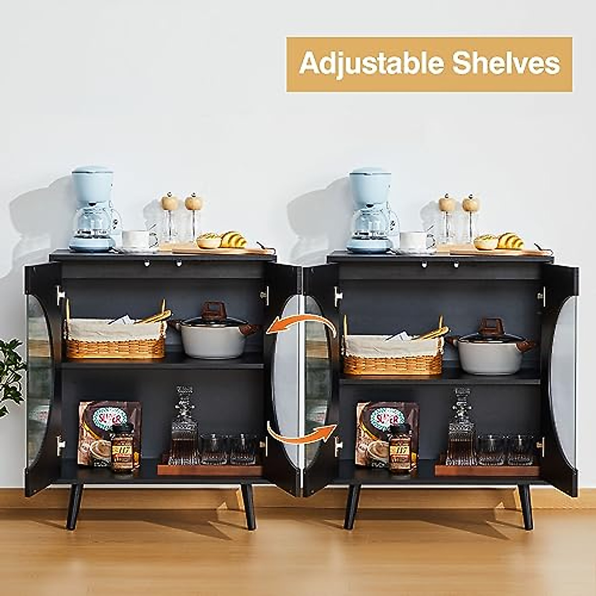 Modern Glass Sideboard Buffet Cabinet set of 2, Accent Cabinet Freestanding Kitchen Storage Cabinet Console Table with Adjustable Shelves and Pop-up Doors for Living Room, Kitchen, Hallway (Black)