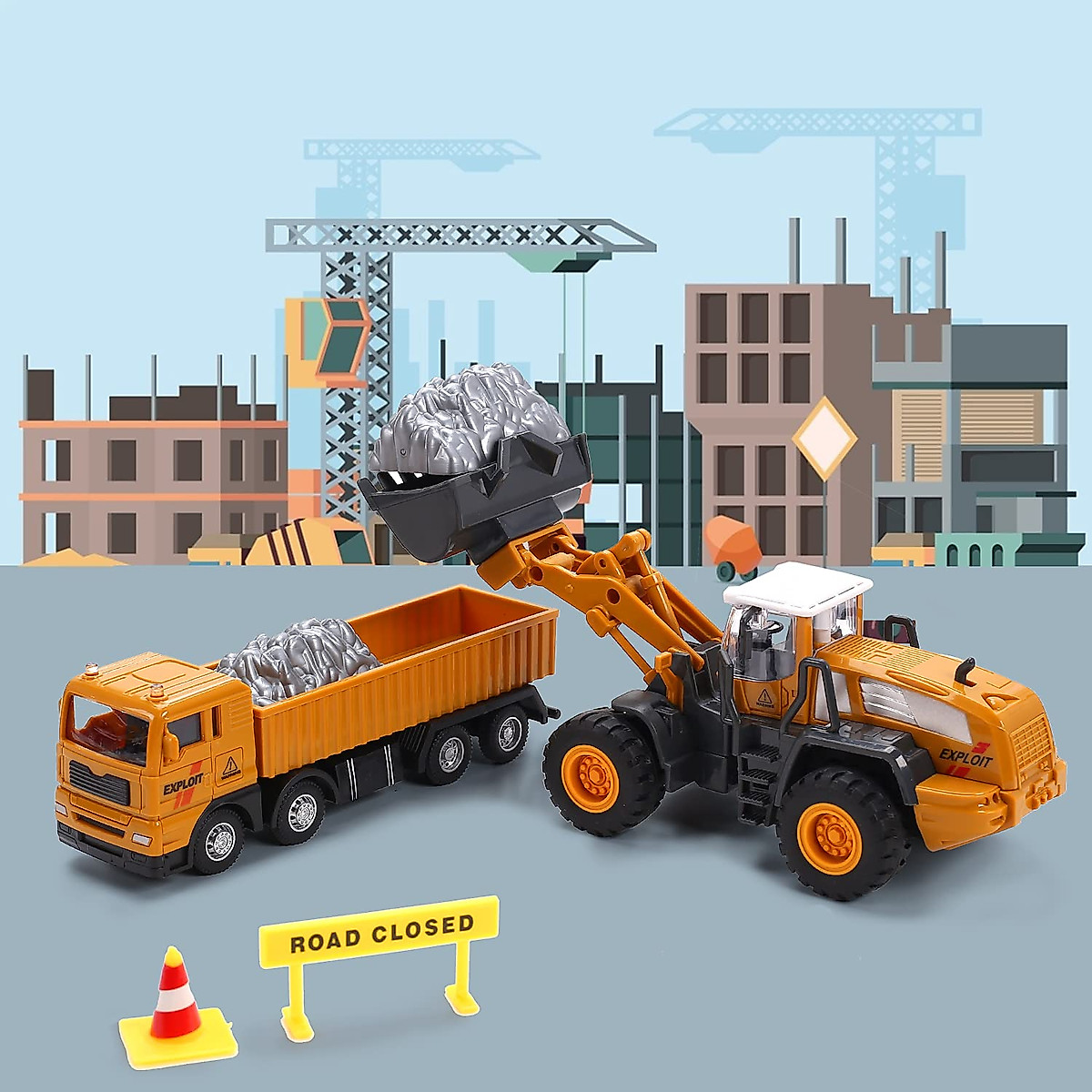 CUTE STONE Construction Vehicles Playset with Playmat, Kids Engineering Truck Set with Crane, Excavator, Tractor with 3 Interchangeable Parts, Cement, Truck, Educational Gift Toy for Toddlers Boys