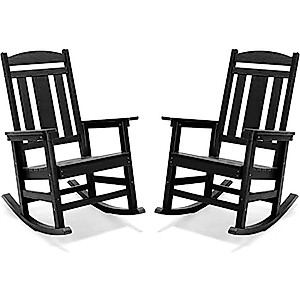 LUE BONA Outdoor Rocking Chairs Set of 2, Weather Resistant Poly Plastic Rocker Chairs, 350lb Heavy Duty, Oversized Porch Rocker for Adult, High Back Smooth Rocking Chairs for Outdoor & Indoor, Black