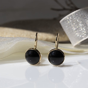 14K Gold Onyx Earrings - 14K Solid Yellow Gold Black Gemstone Drop Earrings, Dainty 8mm Round Stone, December Birthstone Leo Star Sign Birthday, Handmade Classic Elegant Jewelry Gift for Women