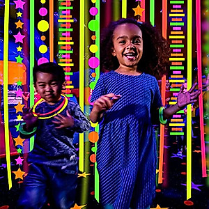 UNIIDECO Glow in The Dark Neon Streamers Garlands Kit, Dance Party Black Light UV Reactive Florescent in Decorations Backdrop, Crepe Paper Roll Circle Dots, Fiesta Graduation Birthday Party Supplies