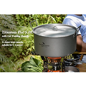 Boundless Voyage 5L Titanium Stock Pot with Lid Folding Handle Soup Pot for Outdoor Camping Hiking Picnic Home Kitchen Ultralight Cookware Ti2104C
