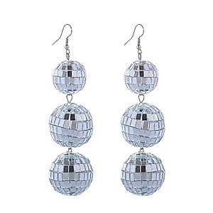 Disco Ball Earrings 60's 70's Silver Mirror Disco Ball Sunflower Pendant Ball Earrings Masquerade Costume Halloween Accessories-B