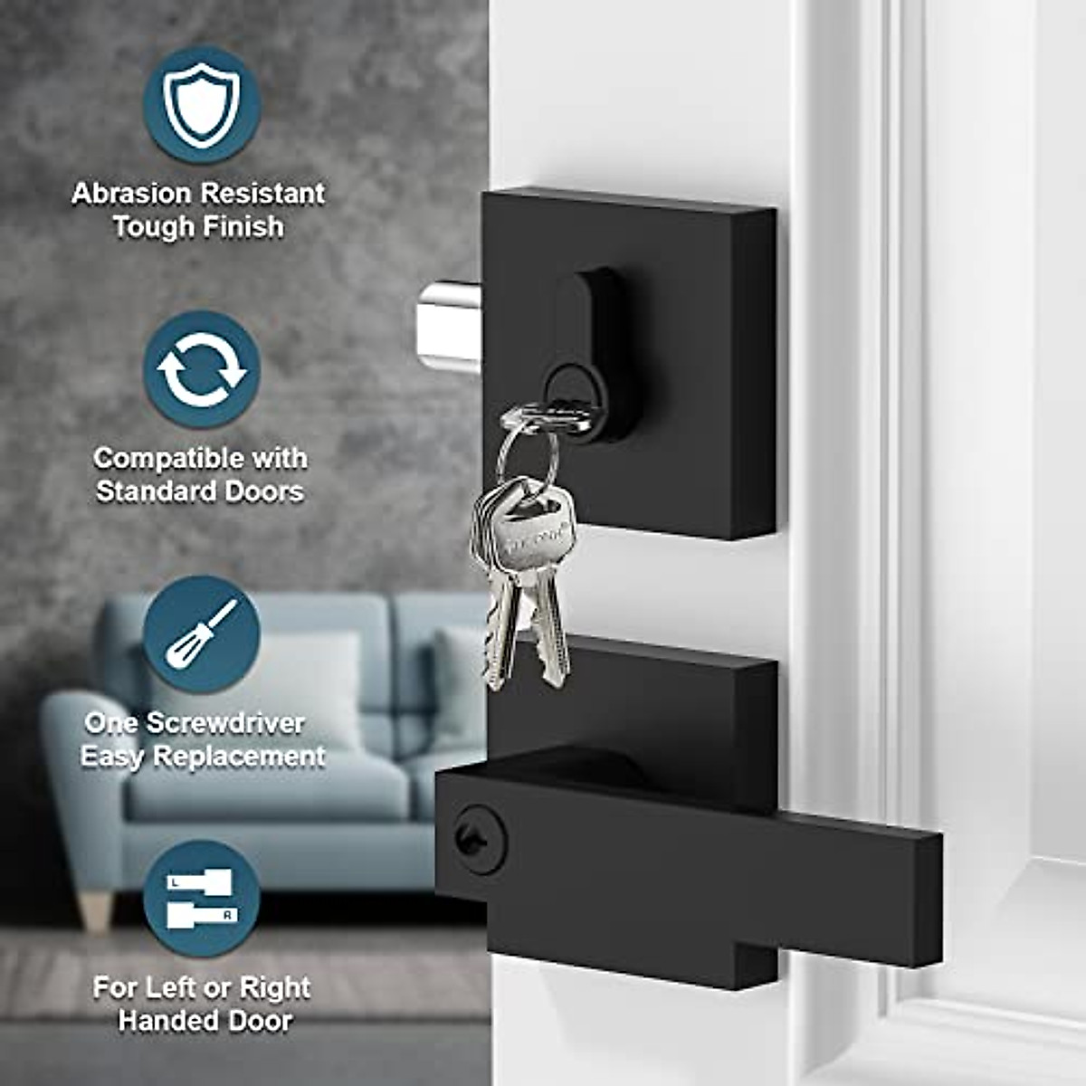 TICONN Door Handle Heavy Duty, Reversible Square Door Lever for Bedroom, Bathroom and Rooms (Black, Deadbolt with Keyed Entry - Not keyed Alike)