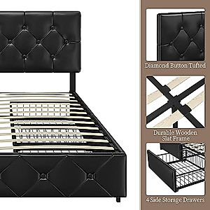 Yaheetech King Size Upholstered Bed Frame with 4 Drawers and Adjustable Headboard, Faux Leather Platform Bed with Mattress Foundation Strong Wooden Slats Support, No Box Spring Needed, Black