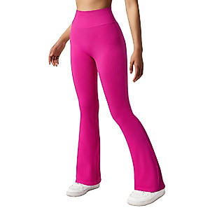 SUUKSESS Women Ribbed Seamless Tummy Control Flare Leggings Bootcut High Waist Workout Yoga Pants 29'' (Hot Pink,M)