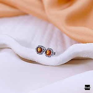 Amberta 925 Sterling Silver with Genuine Baltic Amber - Earrings for Women - Bloom Button Ball - Studs with Honey Stone Color
