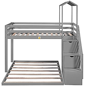 DEYOBED Twin Over Full House Shaped Wooden Bunk Bed Detachable Loft Bed with Trundle, Storage Staircase, and Shelves - Versatile Solution for Kids, Teens, and Adults