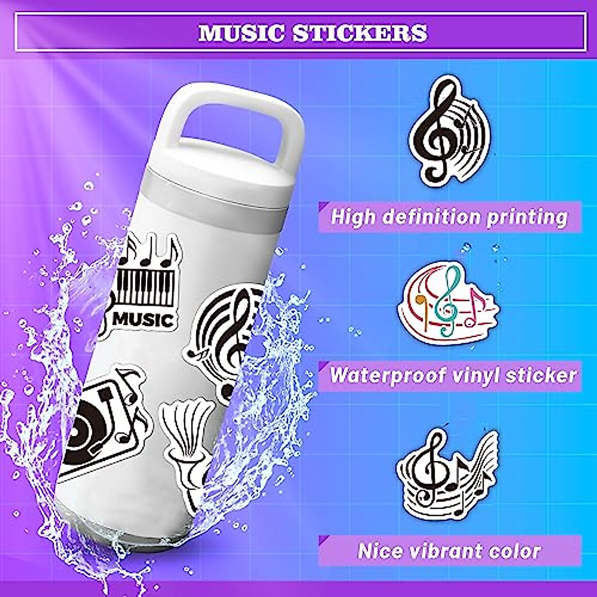 50Pcs Music Stickers for Water Bottles Vinyl Musical Note Stickers for Kids Waterproof Music Stickers for Laptop Guitar Hydroflask Scrapbooking Journaling