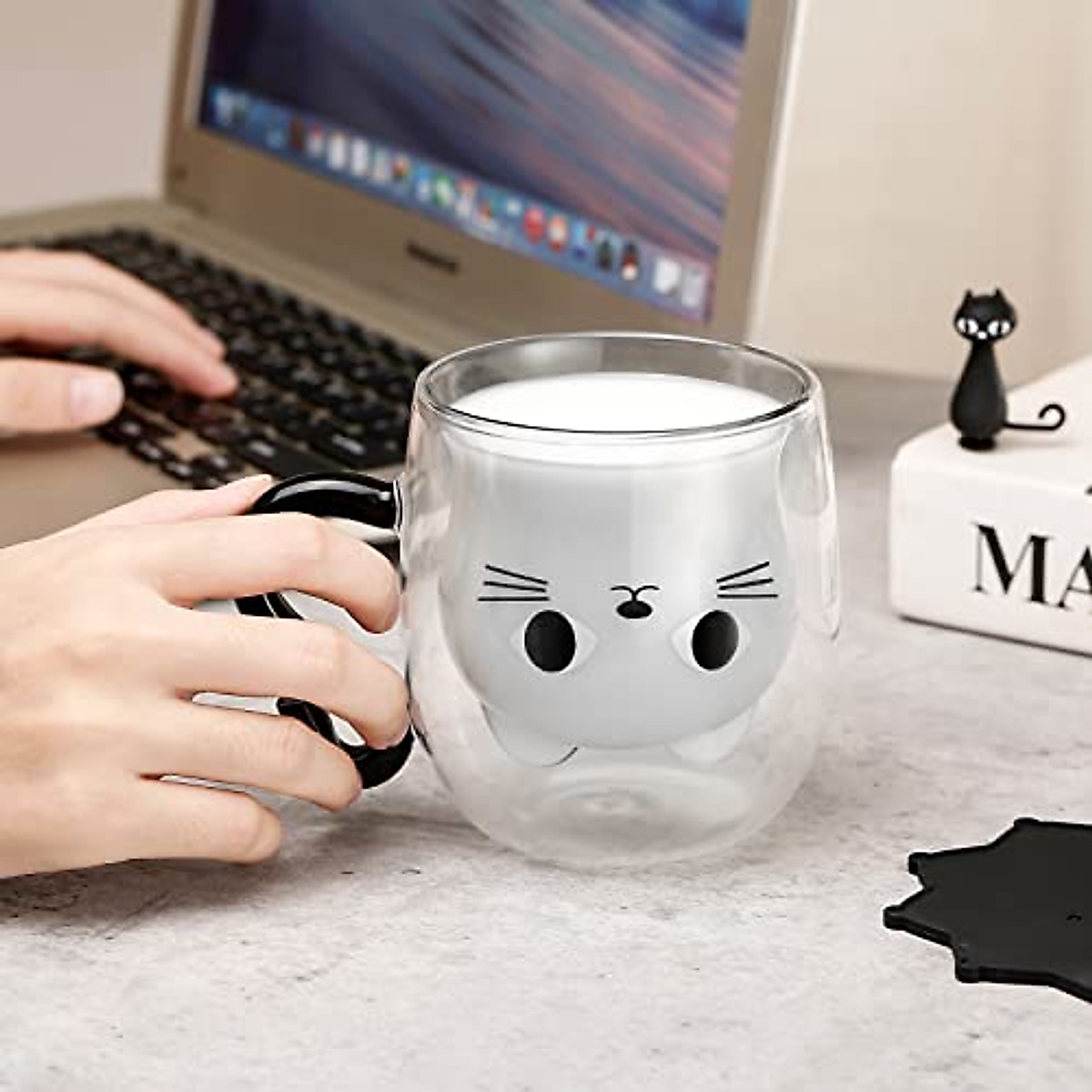 Phitihui Cat Mugs, Double Wall Glass Cute Coffee Tea Cup, Graduation Valentines Mothers Day Easter Halloween Christmas Gifts for Women Wife Mum Her Girl Teacher Friend, Birthday Present Idea (Black)