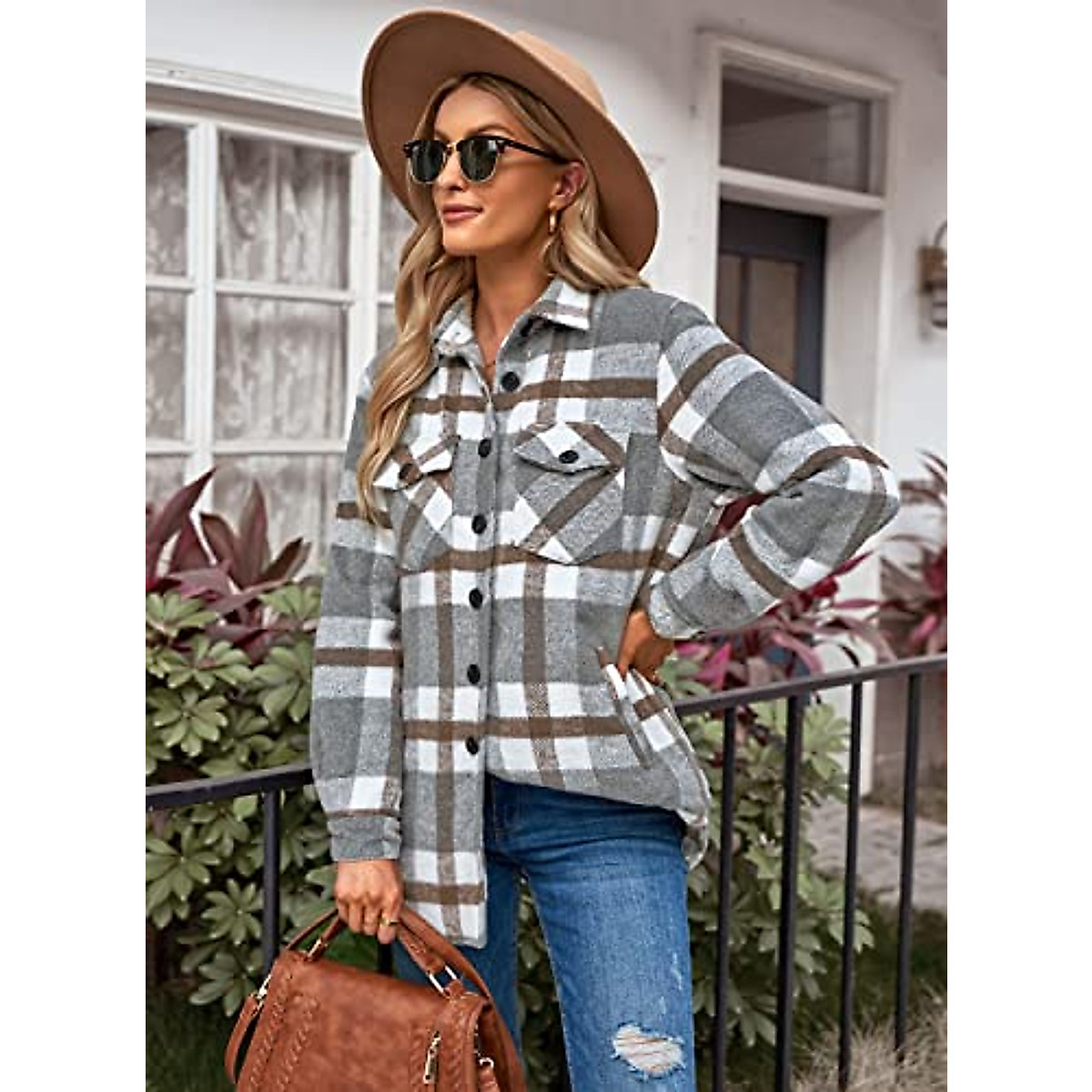 GRAPENT Women's Casual Oversized Boyfriend Plaid Button Down Long Sleeve Shirt Quilted Lined Flannel Shacket Jacket Coat Outerwear Grey Plaid Size Large Size 12 Size 14