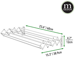 mDesign Steel Wall Mount Accordion Expandable Retractable Clothes Air Drying Rack - 8 Bars for Hanging Garments - Mounted Organizer for Laundry/Utility Room, Bathroom, Garage, Bardo Collection, White