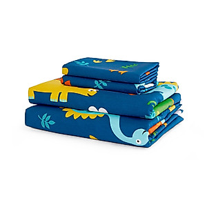 Wake In Cloud - Dinosaur Bed Sheets for Boys, 100% Cotton, 4-Piece Sheet Set Kids, Cute Jurassic Dinosaur Velociraptor Animal Pattern Printed Bedding, Deep Pocket, Navy, Full Size