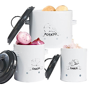 SOTECH Potato Onion Garlic Storage Bin with Lid Set of 3 Kitchen Pantry Organizer and Tin Vegetable Keeper Ventilated Vintage Grey and White Farmhouse Metal Containers Keeps Vegetables Fresh