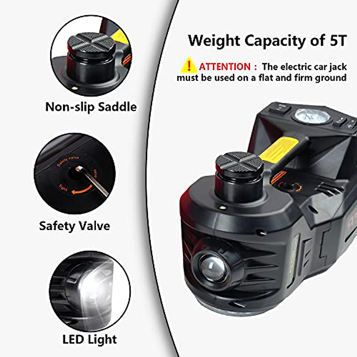STANDTALL Electric Car Jack with Tire Imflator Pump, 5 Ton 12V Hydraulic Car Jack, Electric Car Floor Jack Black with LED Light for SUVs and Sedans
