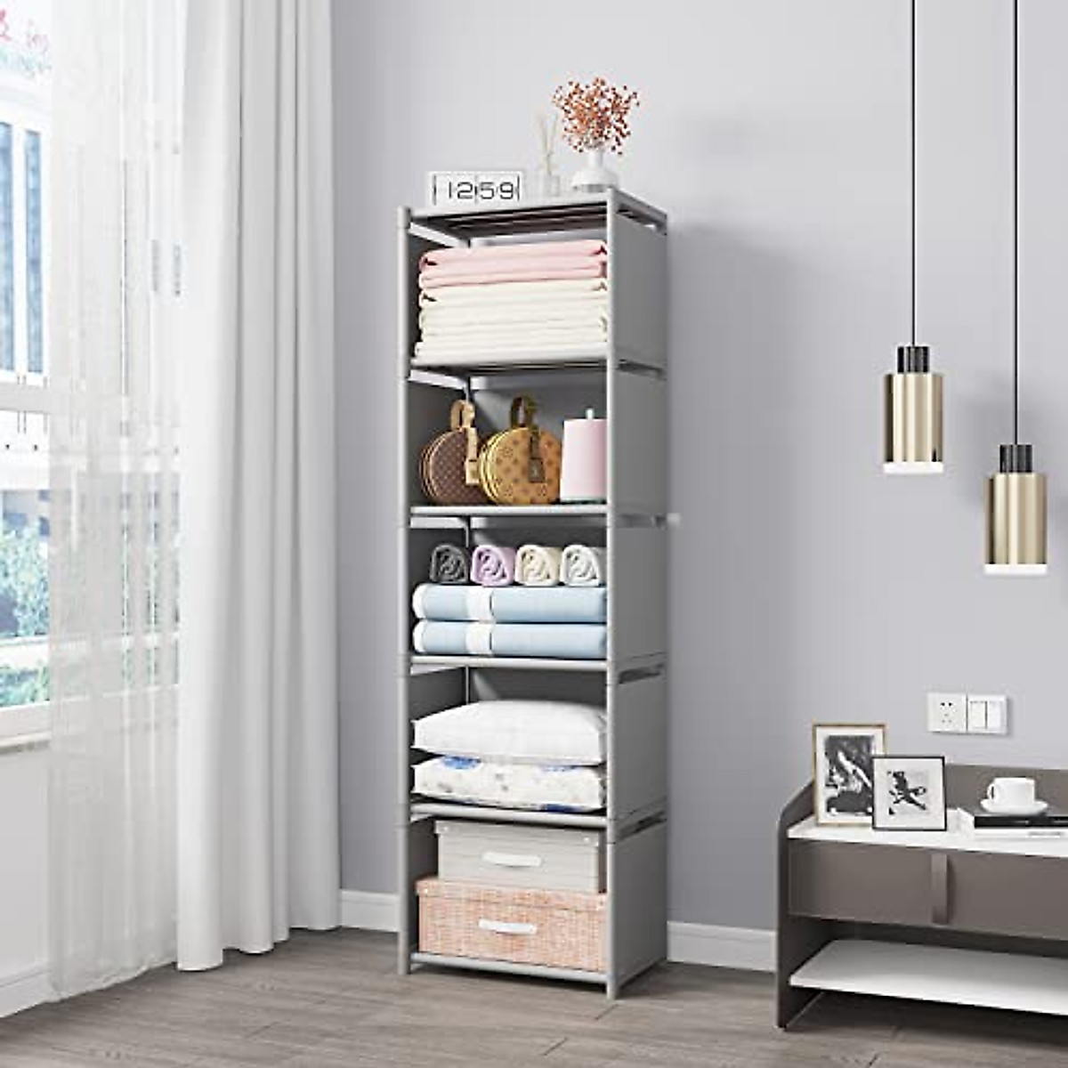 Rerii Cube Storage Shelves, 5 Cubes Closet Bedroom Organizer, Bookshelf Bookcase for Bedroom, Living Room, Small Spaces, 6-Layer