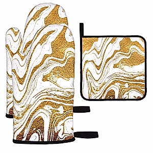 AOYEGO Golden Swirl Oven Mitts and Pot Holders Set of 3 Japanese Marble White Gold Brush Kitchen Heat Resistant Gloves Pad for Cooking BBQ