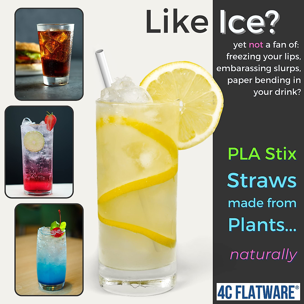PLA Stix Compostable Drinking Straws - 200 [+20] White Disposable Straws: Bendy + Straight, 7 Inch Non-Plastic Reusable Straws made from Plants