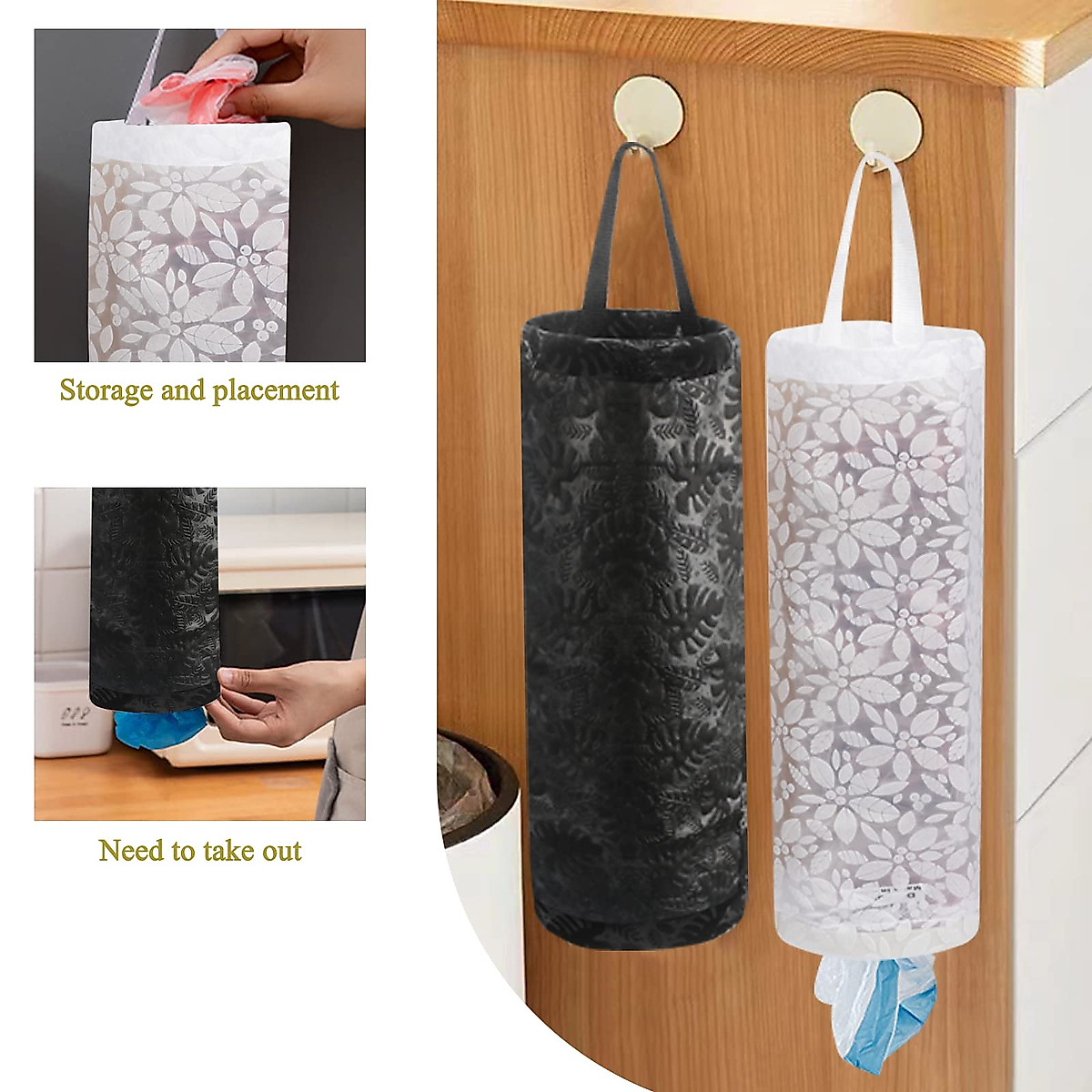 FYY Plastic Bag Holder 2PCS Grocery Bag Holder for Plastic Bags, Wall Mount Plastic Bag Organizer Dispenser with Hooks, Hanging Trash Bag Dispenser Shopping Bag Holder for Home Kitchen Black & White