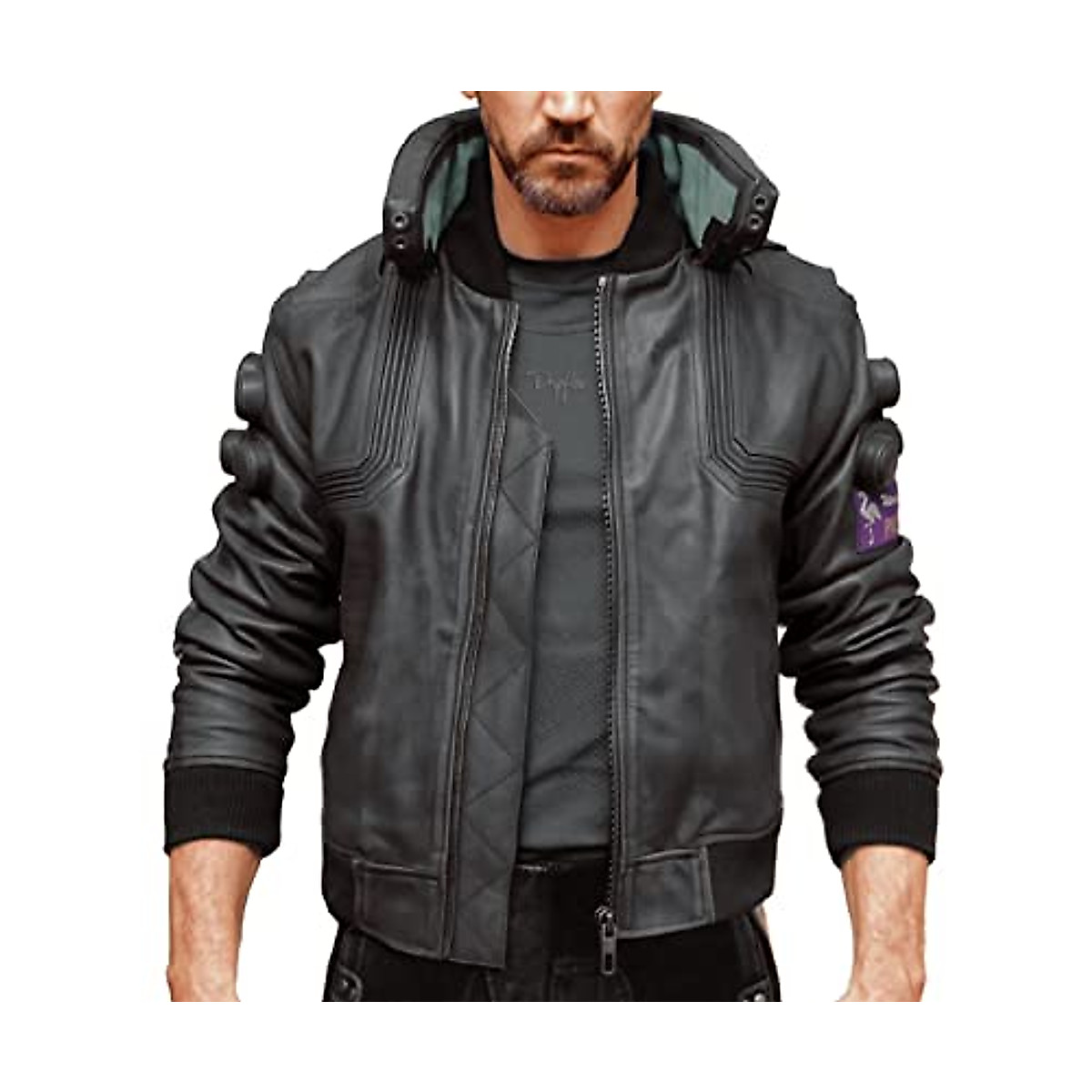 DRIPFLEX Charcoal Black Cyberpunk 2077 Ultimate Gaming Samurai Motorcycle Real Leather Bomber Cosplay Jacket Costume