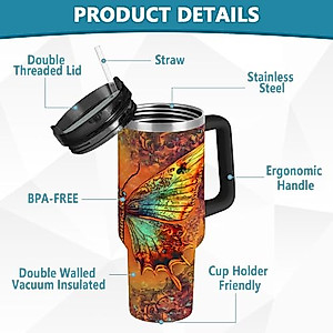 Flradish 30oz Tumbler with Handle, Dragonfly Totem Stainless Steel Tumbler with Lid and Straws Double Wall Vacuum Insulated Leakproof Coffee Travel Mug