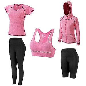 JULY'S SONG Women Workout Set Exercise Outfits for Yoga Gym Upgraded 5 Pieces Athletic Clothes Sweatsuit Tracksuit
