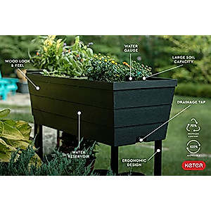 Keter Urban Bloomer 12.7 Gallon Raised Garden Bed with Self Watering Planter Box and Drainage Plug, Dark Grey