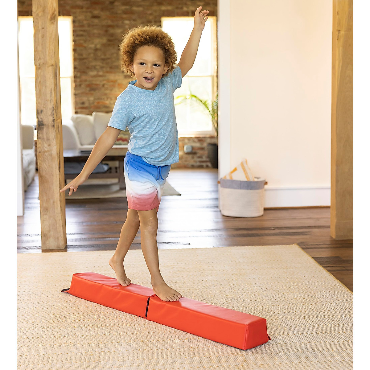 Hearthsong 4-Foot Gymnastics Balance Beam, 24 "L x 5"W x 4"H, Red, 2-Piece Lightweight Foam, Hook and Loop Connectors, Non-Slip Surface, Ages 3 and Up