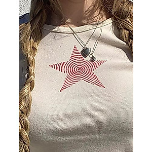 Womens Y2K Print Crop Tops Cute Kawaii Punk Graphic Summer Short Sleeve Tee T-Shirts E-Girls Teen Clothes Streetwear(Beige-Stripe Star,Small)