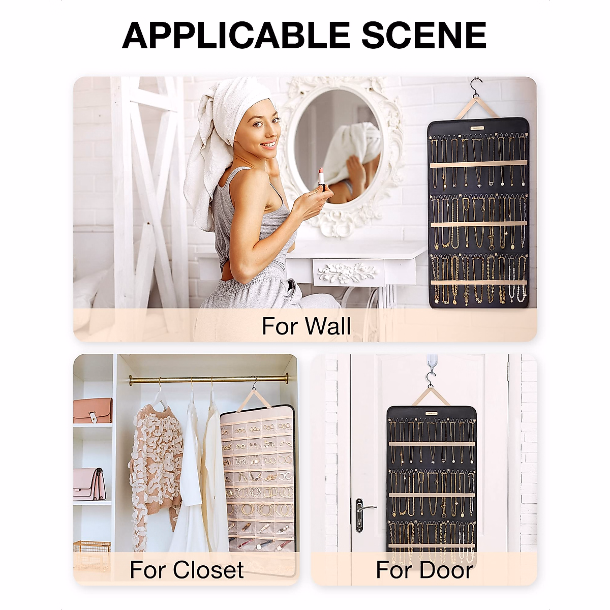 BAGSMART Hanging Jewelry Organizer Storage Roll with Hanger Metal Hooks Double-Sided Jewelry Holder for Earrings, Necklaces, Rings on Closet, Wall, Door, 1 piece, Extra Large, Black