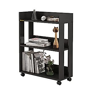 ALISENED Small Bookshelf and Bookcase, 3 Tier Wood Nightstand with Wheels, Modern Bedside End Table with Storage Rack for Bedroom, Library, Living Room, Home, Office Cart, Black