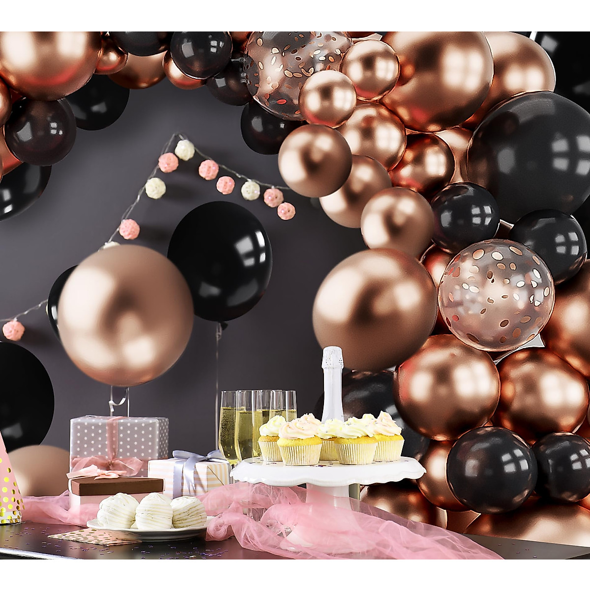 Metallic Rose Gold Black Balloons Arch Garland Kit-148Pcs Balloons for Gender Reveal Birthday Anniversary Baby Shower Graduation Wedding Retirement Party Decoration
